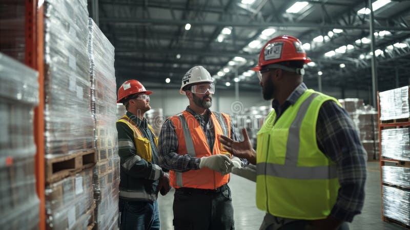 Three Construction Workers Discussing Safety Procedures in a Warehouse ...