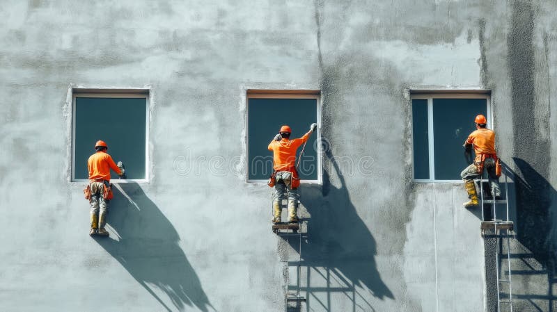 Three Construction Workers on Ladders Working on Windows of a Building ...