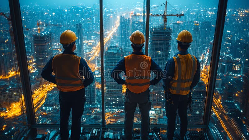 Three Construction Workers Oversee a City Skyline at Night from a High ...