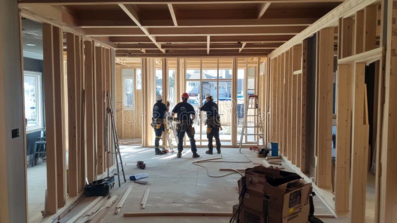 Three Construction Workers in a Room Under Construction Stock ...