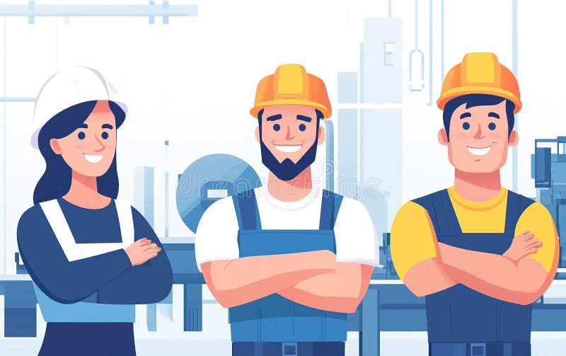 Three Construction Workers in Safety Gear Collaborating in a Workshop ...