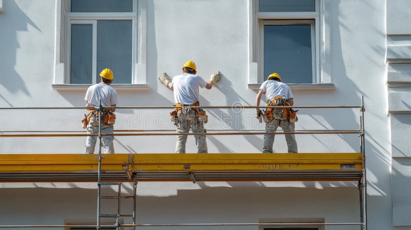 Three Construction Workers on Scaffolding during Building Renovation Stock Illustration ...