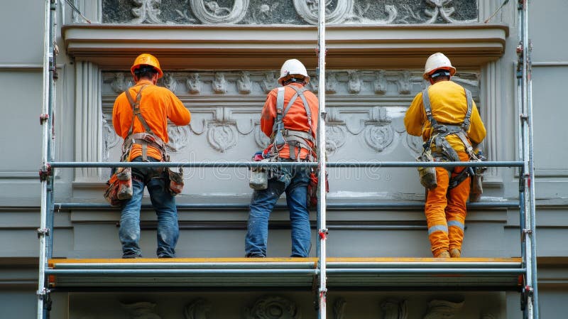 Three Construction Workers on Scaffolding Restoring a Building Facade ...