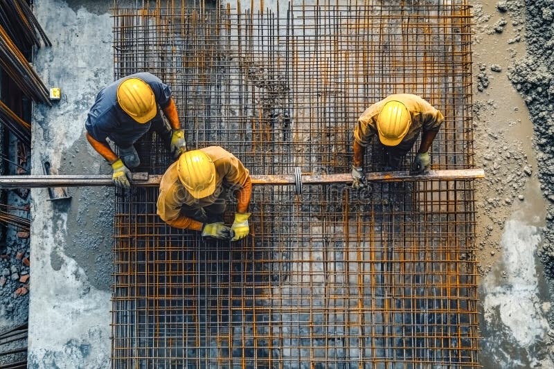 Construction Workers Prepare Steel Mesh for Concrete Pouring at a ...