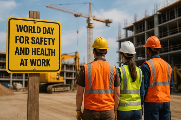 Three Construction Workers Stand in Front of a Sign that Says World Day ...