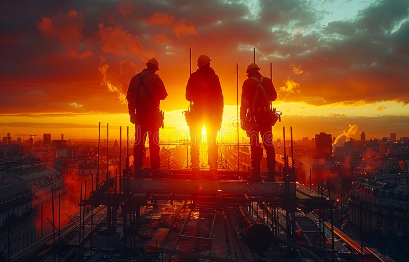 Three Construction Workers Stand on Scaffold at Sunset. Stock Image ...