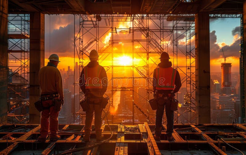 Three Construction Workers are Standing on Scaffolding and Watching the ...