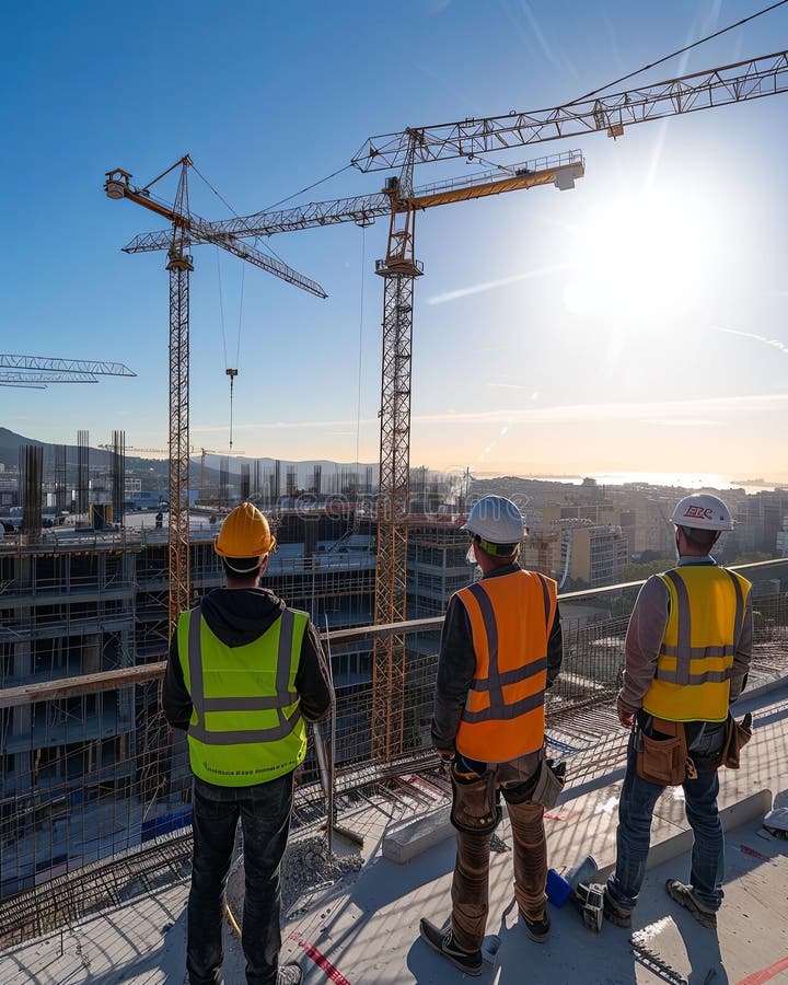 Three Construction Workers are Standing on Top of a Building Looking at ...