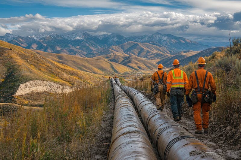 Three Construction Workers Walk Along a Pipeline in a Mountainous ...