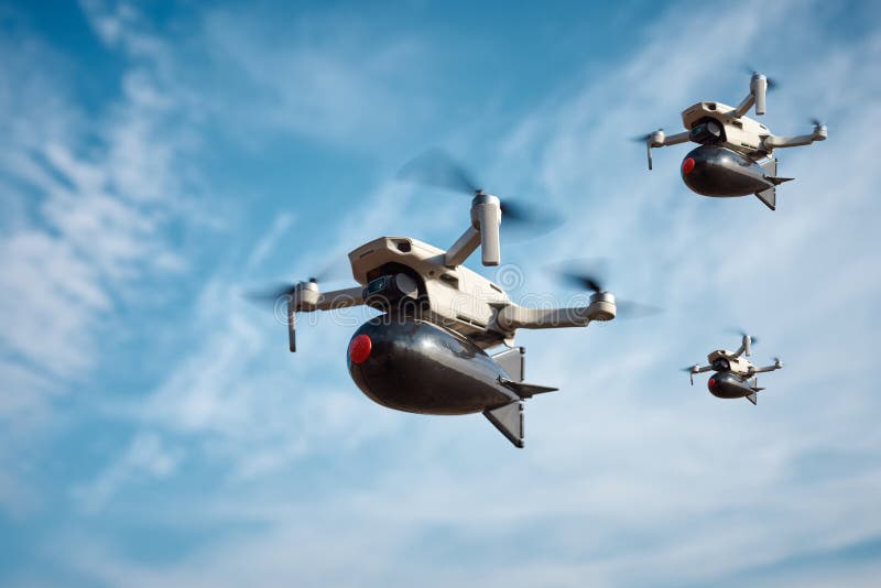 Three Consumer Civilian Drones with a Big Bomb on Board Flies in the ...