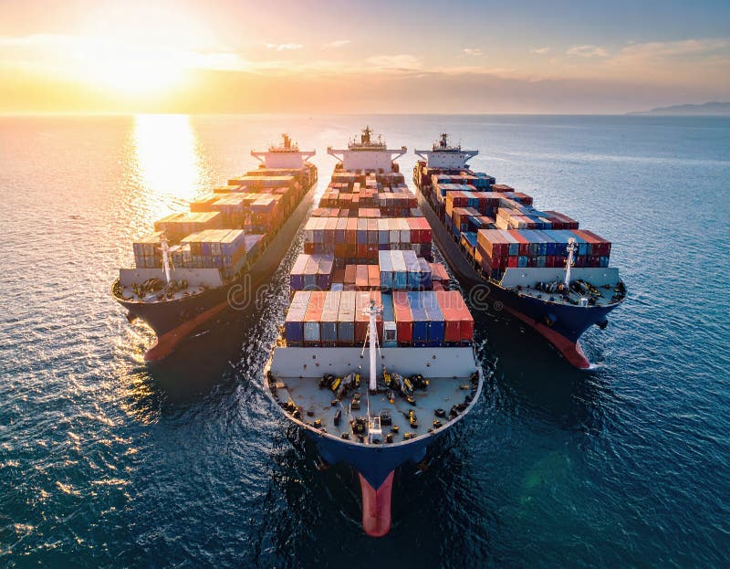 Three Container Ships Sailing Side by Side on a Calm Sea with a Warm ...