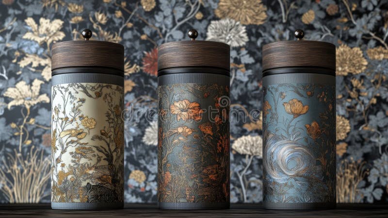 Three Containers with Floral Patterns Arranged Side by Side Stock Photo ...