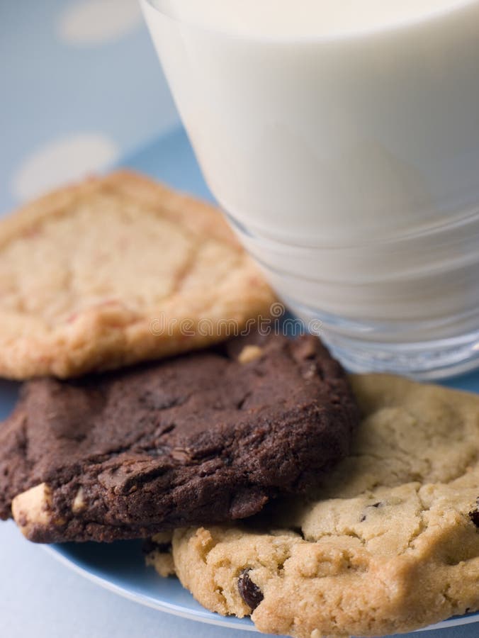 Three Cookies on a Plate with a Glass of Milk Stock Image - Image of ...