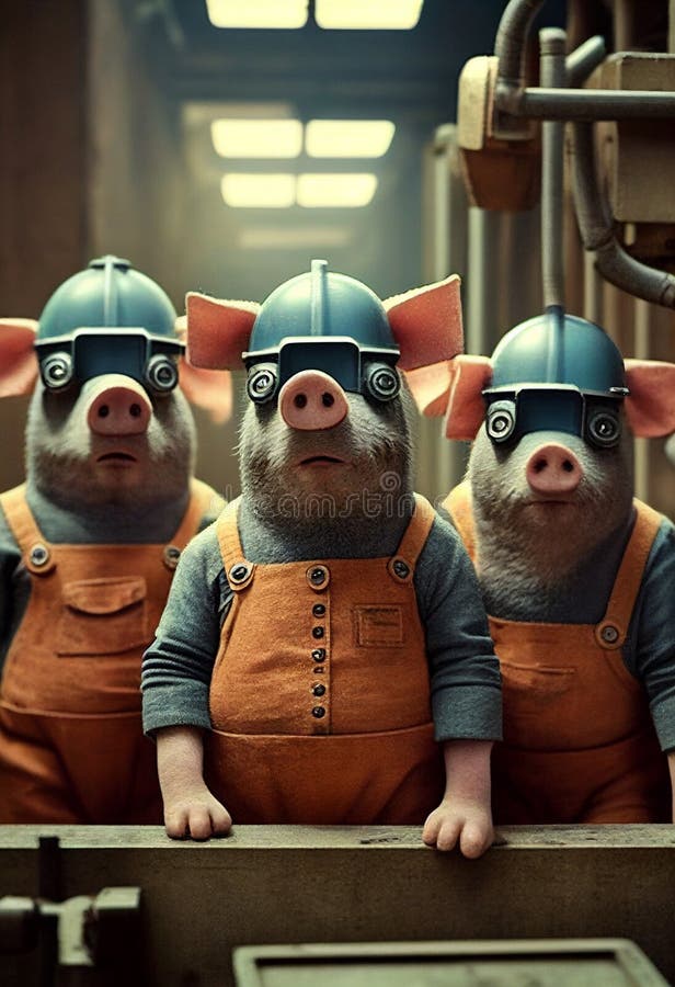 Three Cool Funny Pigs with Production Uniforms Work in a Factory. AI ...