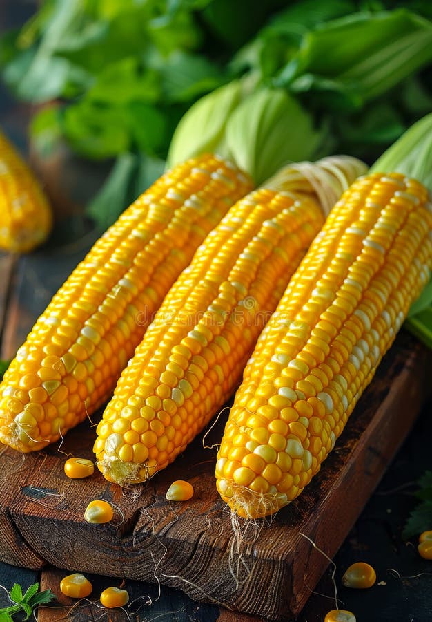 Three Corn Cobs and Some Leaves on Wooden Board Stock Photo - Image of ...