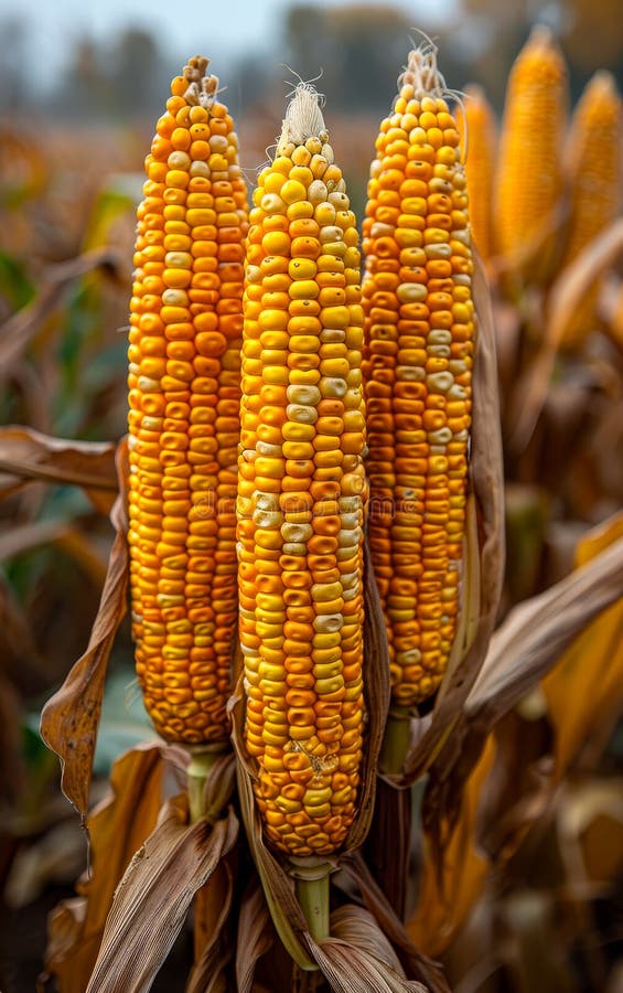 Three Corn Cobs are Standing Upright in a Field Stock Image - Image of ...