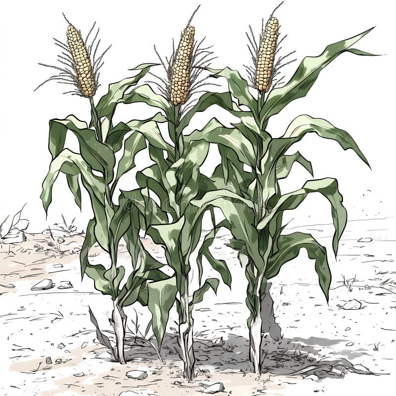 Three Corn Plants Growing in Arid Soil Detailed Illustration Stock ...