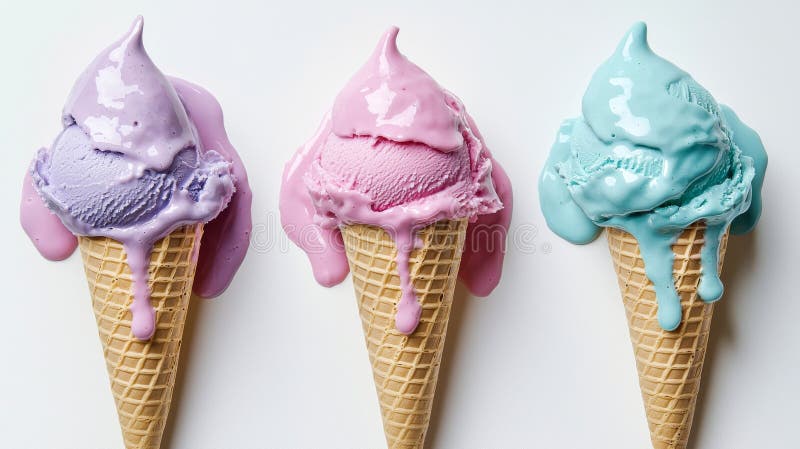 Three Cotton Candy-flavored Ice Cream Cones Isolated on a White ...