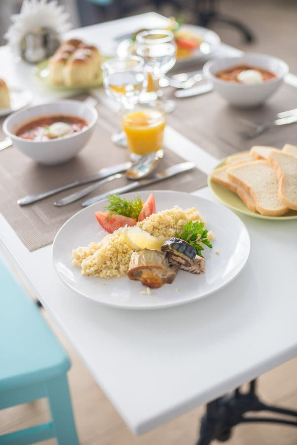 Three-course Dinner, Salad, Borscht and Pompushki Stock Photo - Image ...