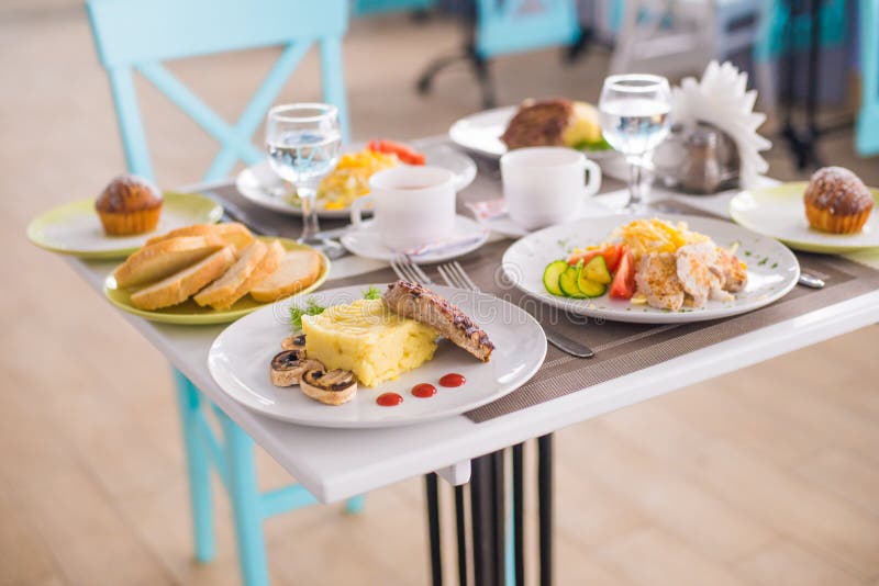Three-course Dinner, Salad, Steak with Mashed Potatoes Stock Image ...