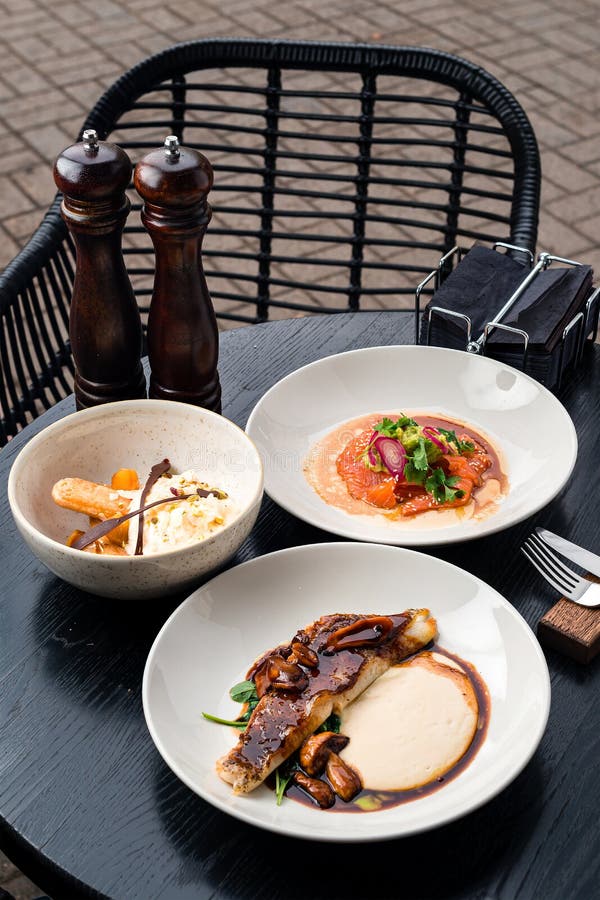 Three Course Set Lunch on the Table, Table Setup in Outdoor Cafe Stock ...
