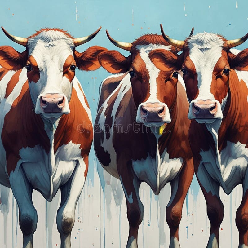 Three Cows with Distinctive Reddish-brown and White Markings Stand Side ...