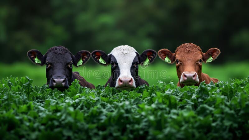 Three Cows in a Field of Green Plants Stock Image - Image of stare ...