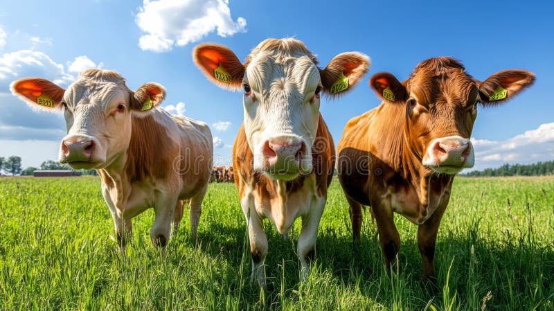 Three Cows Grazing in a Lush Green Field Stock Illustration ...