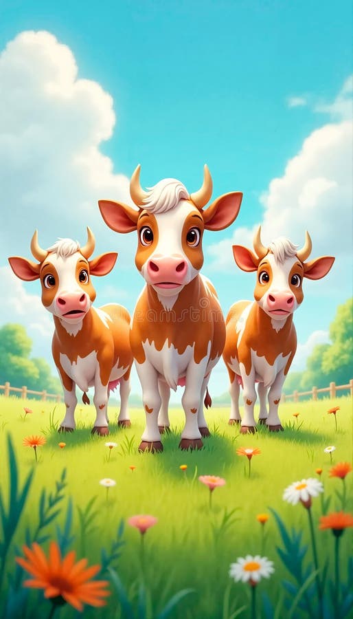 Three Cows in the Meadow with Flowers, Digital Painting Illustration ...