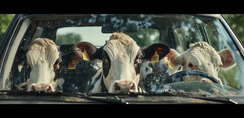 Three Cows are Seated in the Front of a Car, with One Cow Holding the ...