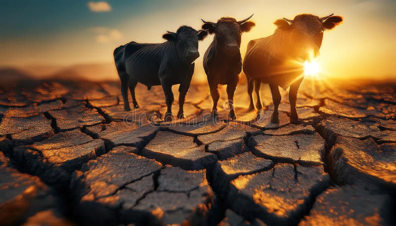 Three Cows Standing on Cracked Dry Earth during a Sunset, Representing ...