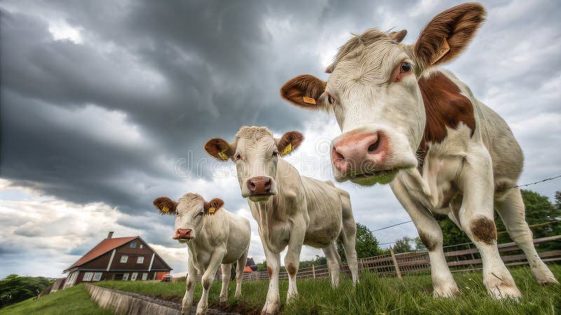 Three Cows are Standing in a Field in Front of a House Stock Image ...