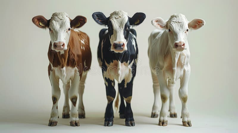 Three Cows Standing in a Row, One Black and White, One Brown and White ...
