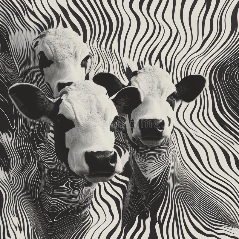 Surreal Black and White Cows with Abstract Striped Background Stock ...