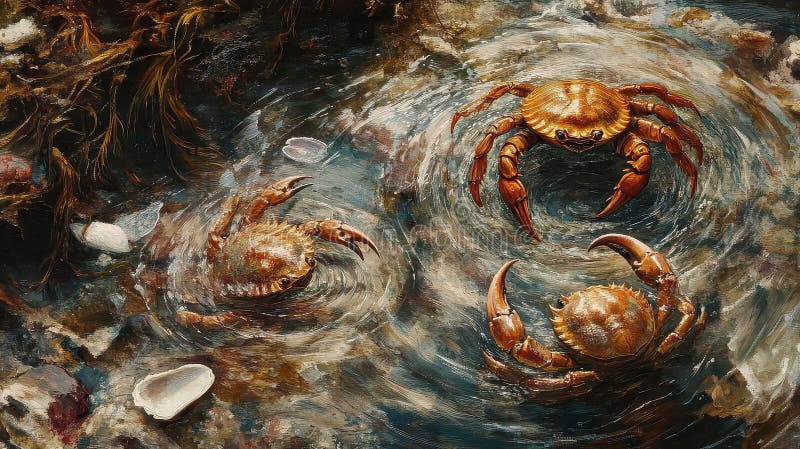 Three Crabs in a Tidal Pool Stock Illustration - Illustration of water ...