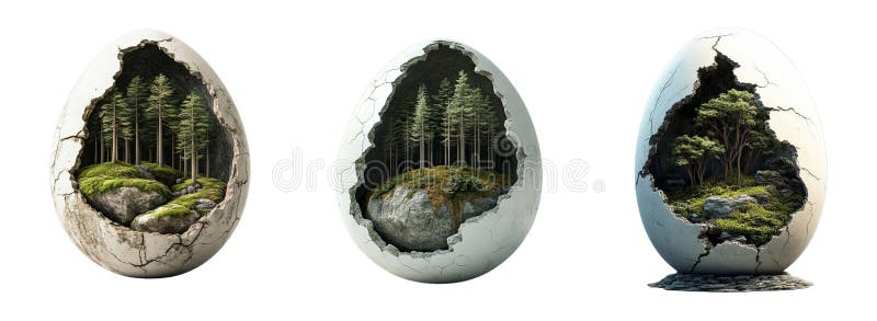 Three Cracked Eggs Reveal Miniature Forests Growing Inside, Each with a ...