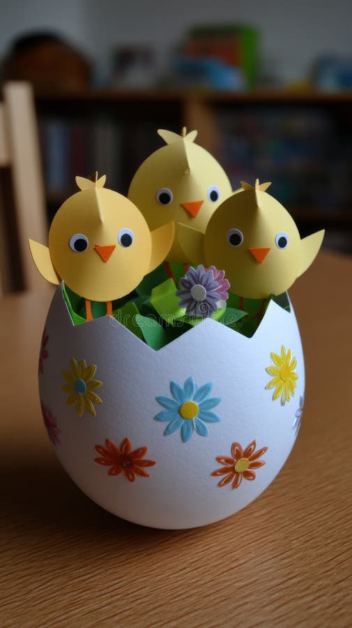 Three Crafted Yellow Paper Chicks Peeking from a Decorated Eggshell on ...