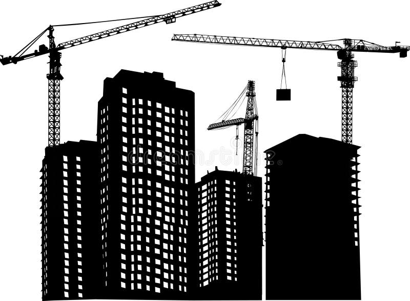 Three Cranes and Building Silhouette Stock Vector - Illustration of ...