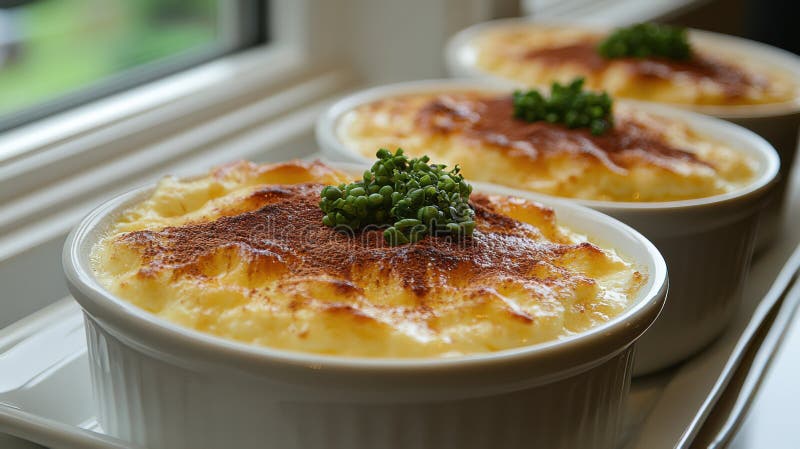 Three Creamy Baked Dishes with Brown Sprinkle Garnish Stock Image ...