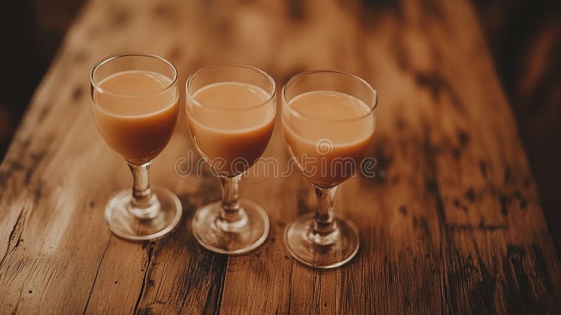 Three Creamy Drinks on Rustic Wood Table, Blurred Background Stock ...