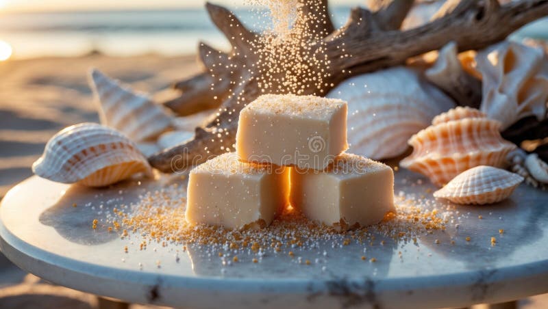 Creamy Fudge Candy on Beach at Sunset Stock Illustration - Illustration ...