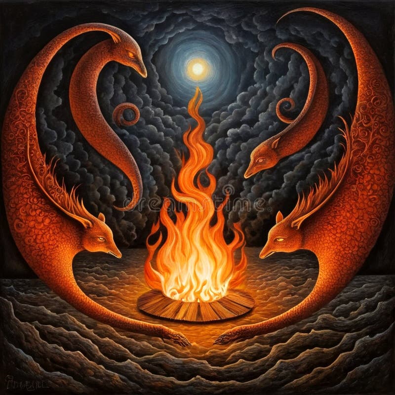 Three Creatures Around a Fire Under a Night Sky Stock Illustration ...