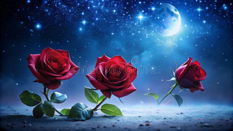 Three Crimson Roses Under a Night Sky with a Full Moon. Generative AI ...