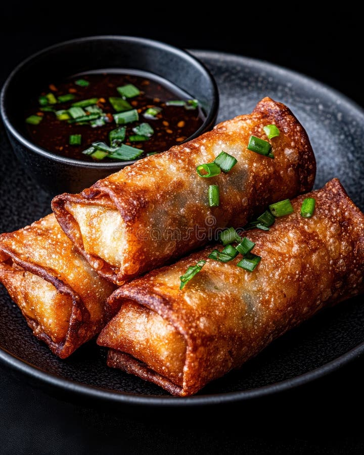 Three Crispy Spring Rolls Served with a Dark Dipping Sauce Stock ...