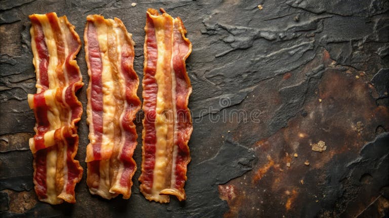 Three Crispy Streaks of Cooked Bacon on Dark Textured Surface ...