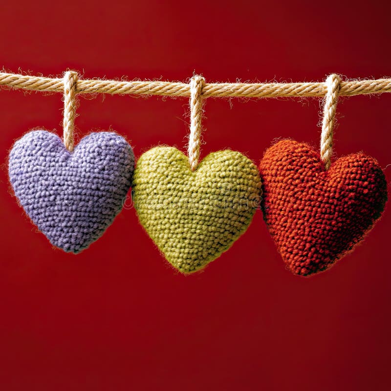 Three Crochet Hearts Hanging on a Rope Stock Photo - Image of yarn ...