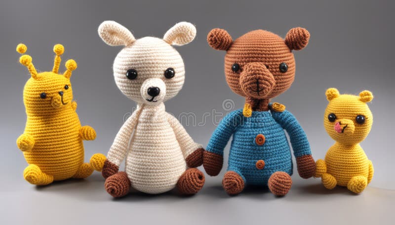 Three Crocheted Animals Sit Together Stock Illustration - Illustration ...