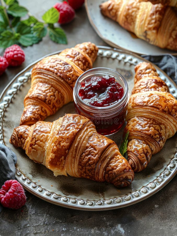 Three Croissants with Raspberry Jam on a Metal Plate Stock Image ...