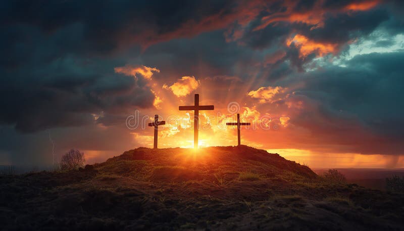 Three Cross in a Hill at Sunset Stock Illustration - Illustration of ...
