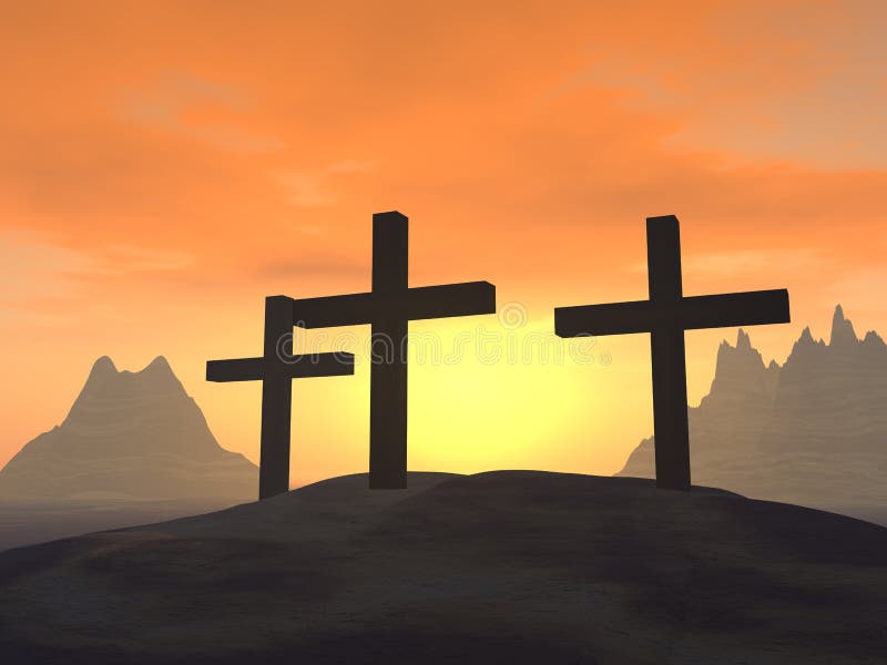 Three Crosses Yellow Sunset Stock Illustration - Illustration of empty ...